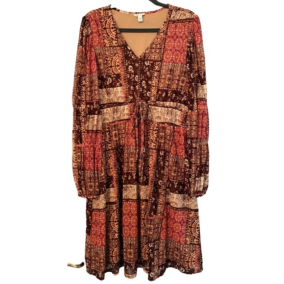 Cato | Dresses | Cato 416 Dress Peasant Boho Brown Red Patch V Neck Fit ...